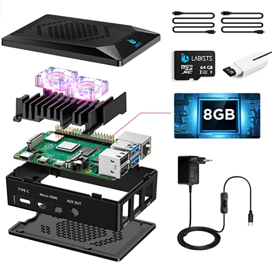 LABISTS Raspberry Pi 4 Starter Kit 8GB 64GB Alimentatore Tipo C 5.1V 3A, 2 Micro HDMI, Lettore ...