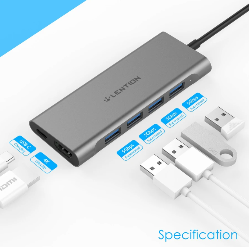LENTION (CB-C35H-1M) 6 in 1 Hub USB-C con 4K HDMI, 4 USB 3.0, PD ...